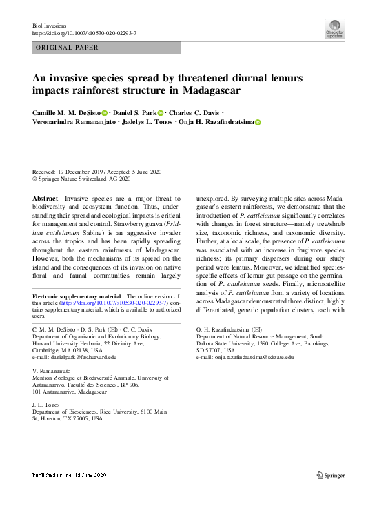 (PDF) An invasive species spread by threatened diurnal lemurs impacts ...