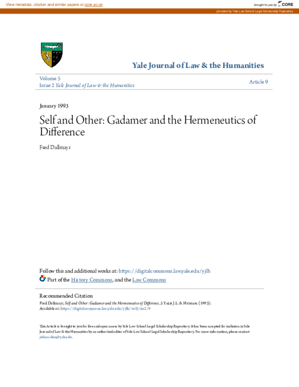 (PDF) Self and Other: Gadamer and the Hermeneutics of Difference