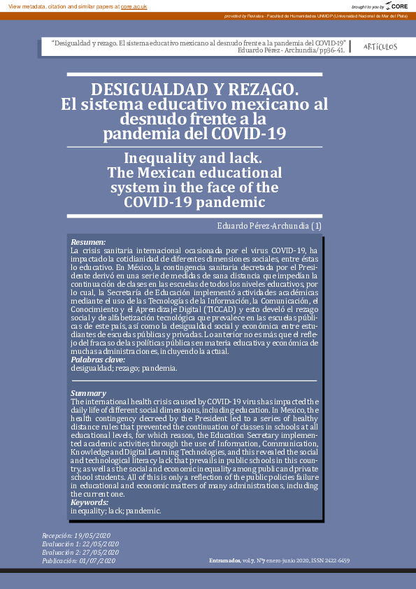 (PDF) Desigualdad y rezago. El sistema educativo mexicano al desnudo frente a la pandemia del ...