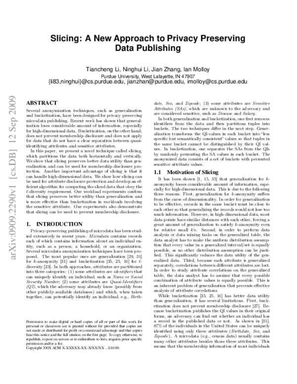 (PDF) Slicing: Enhancing Privacy in Data Publishing