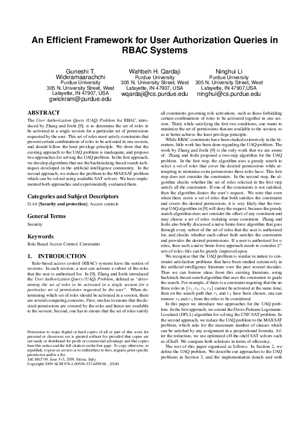 Pdf An Efficient Framework For User Authorization Queries In Rbac Systems Ninghui Li