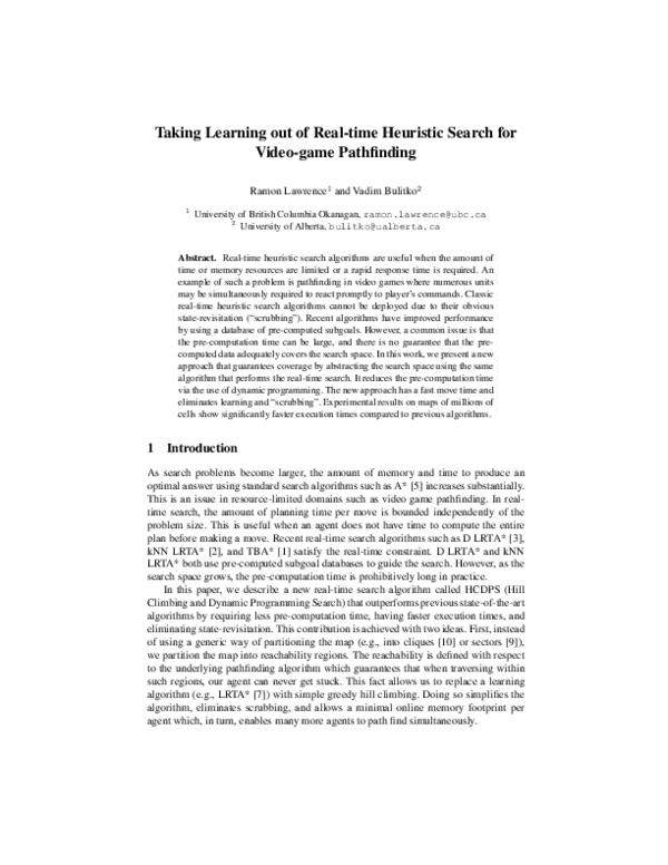 (PDF) Taking Learning Out of Real-Time Heuristic Search for Video-Game Pathfinding