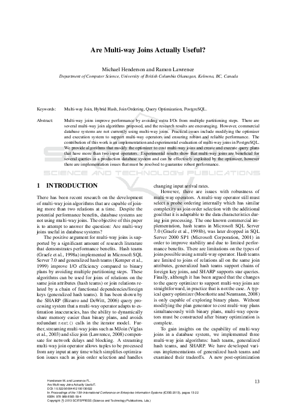 Pdf Evaluating Multi Way Joins In Postgresql