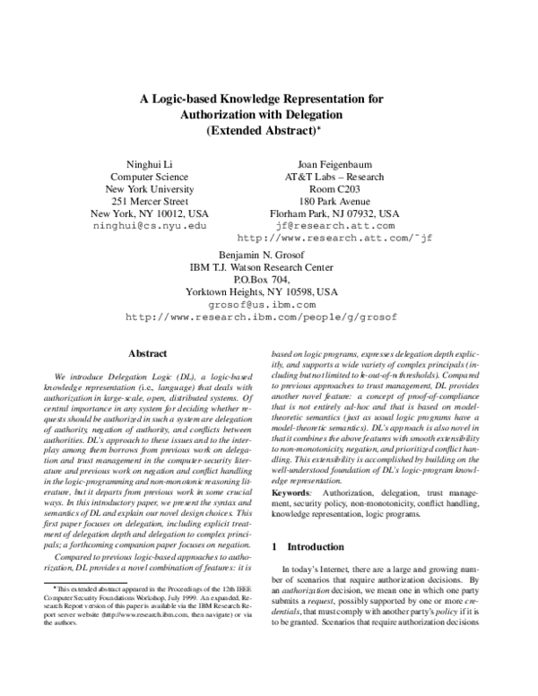 (PDF) A logic-based knowledge representation for authorization with delegation
