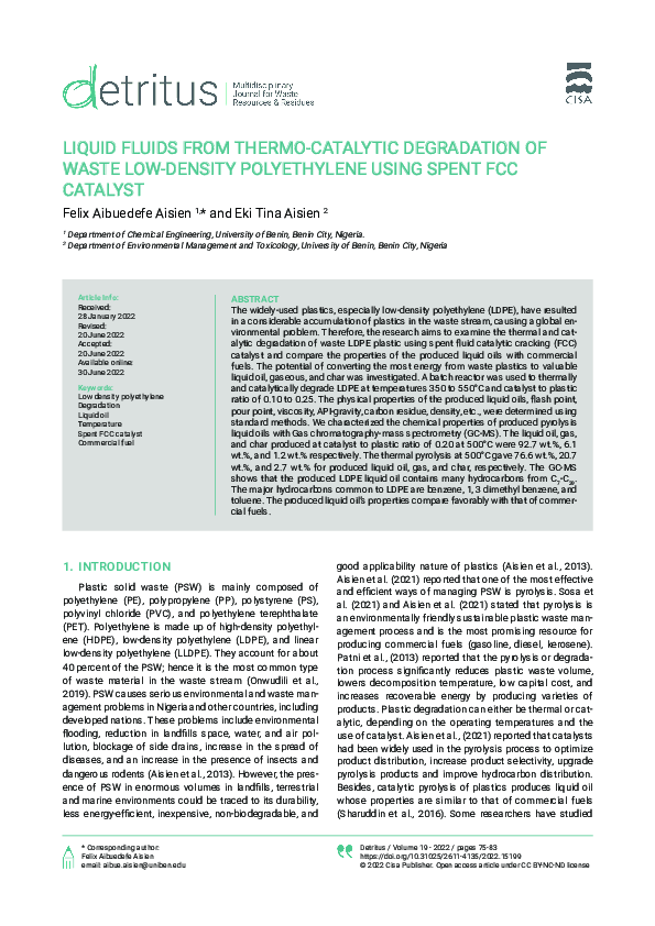 (PDF) Liquid Fluids from Thermo-Catalytic Degradation of Waste Low ...