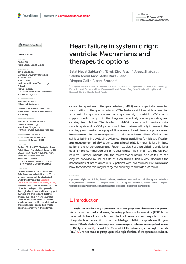 (PDF) Heart failure in systemic right ventricle: Mechanisms and therapeutic options