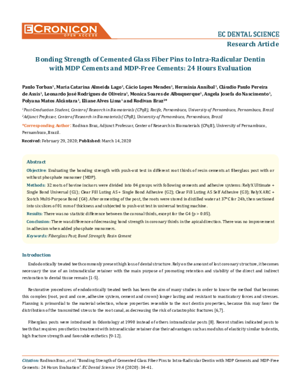 (PDF) Bonding Strength of Cemented Glass Fiber Pins to Intra-Radicular ...