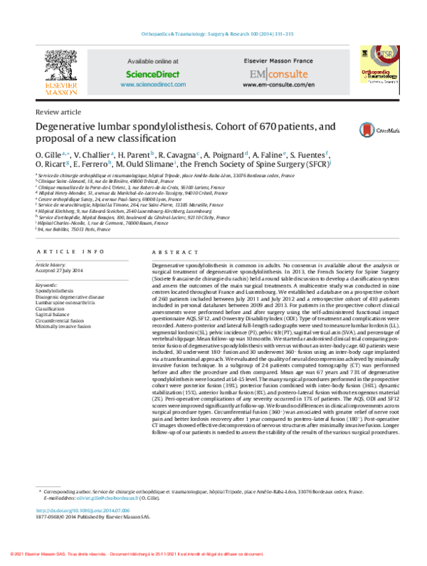 (PDF) Degenerative lumbar spondylolisthesis. Cohort of 670 patients ...