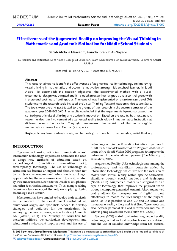 Pdf Effectiveness Of The Augmented Reality On Improving The Visual Thinking In Mathematics And