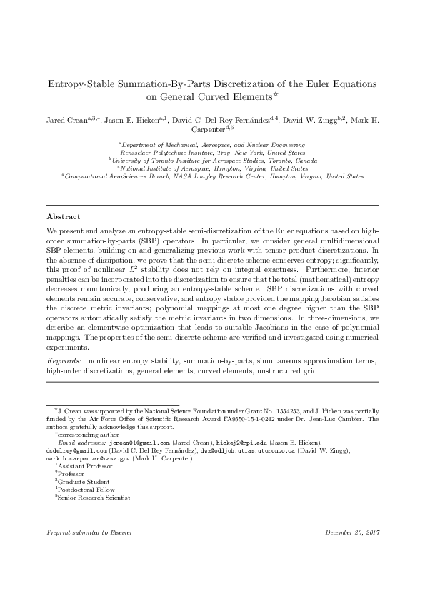 (PDF) Entropy-stable summation-by-parts discretization of the Euler equations on general curved ...