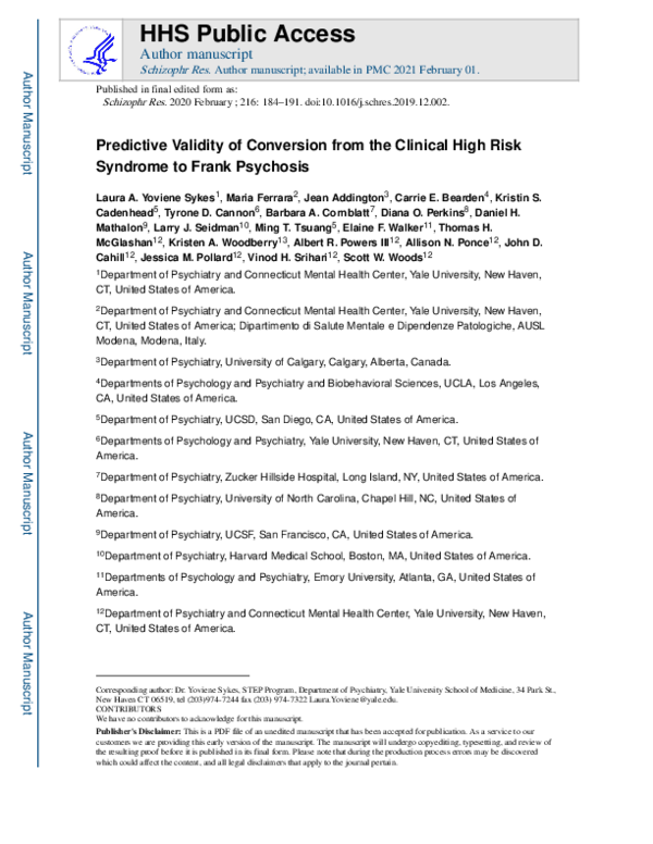 (PDF) Predictive validity of conversion from the clinical high risk ...