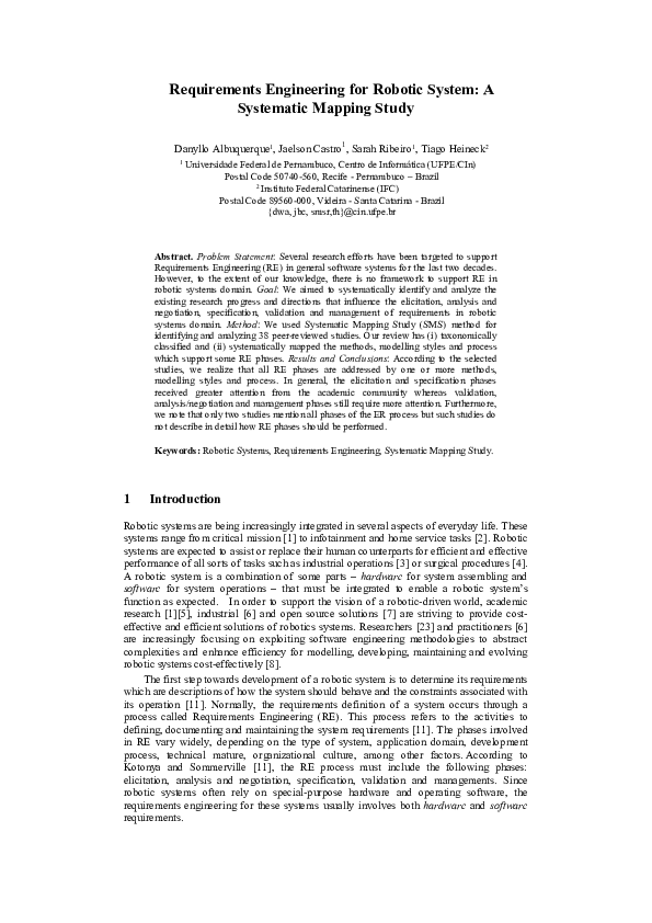 (PDF) Requirements Engineering for Robotic System: A Systematic Mapping Study
