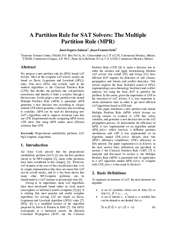 (PDF) A Partition Rule for SAT Solvers: The Multiple Partition Rule (MPR)