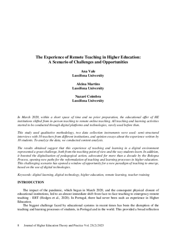 (PDF) The Experience of Remote Teaching in Higher Education: A Scenario ...