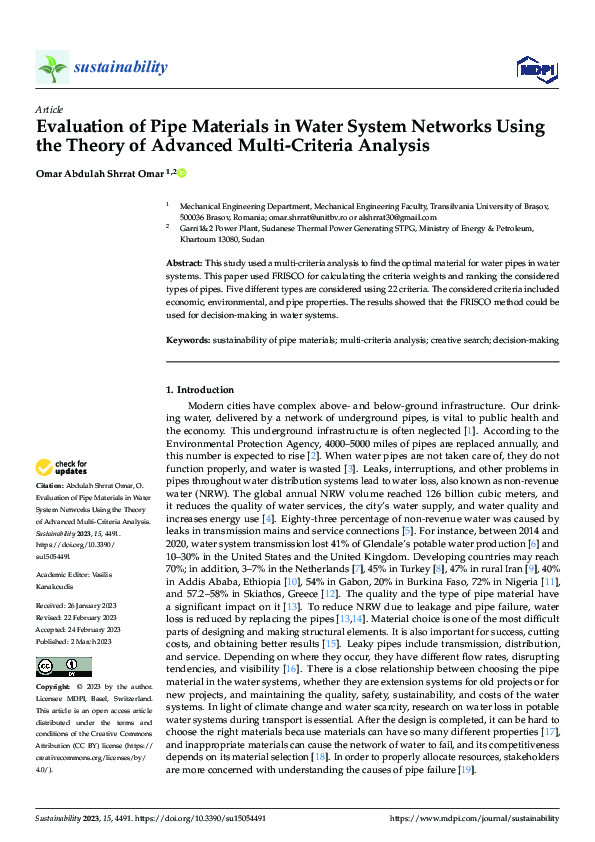 (PDF) Evaluation of Pipe Materials in Water System Networks Using the Theory of Advanced Multi ...