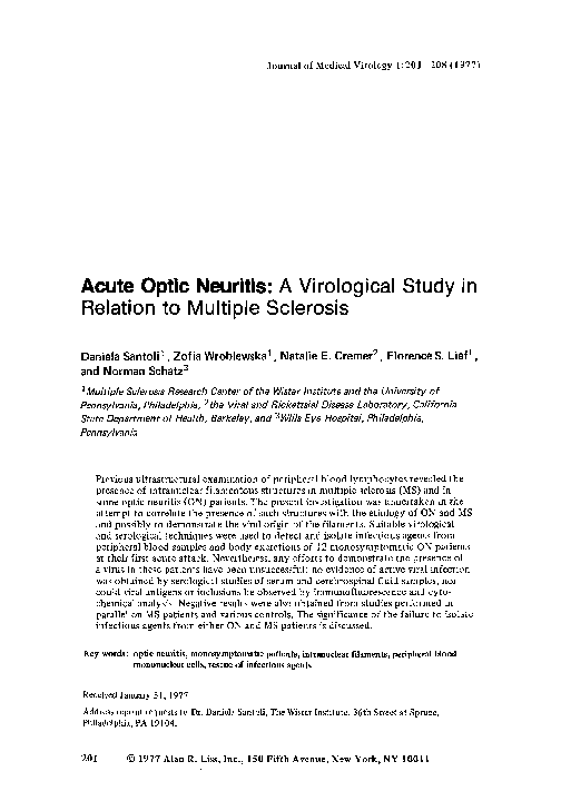 (PDF) Acute optic neuritis: A virological study in relation to multiple sclerosis | Norman ...