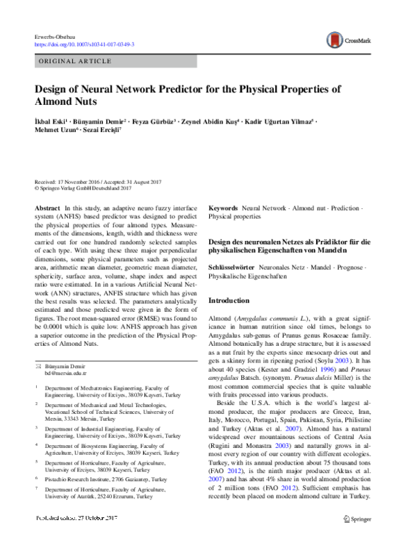(PDF) Design of Neural Network Predictor for the Physical Properties of Almond Nuts