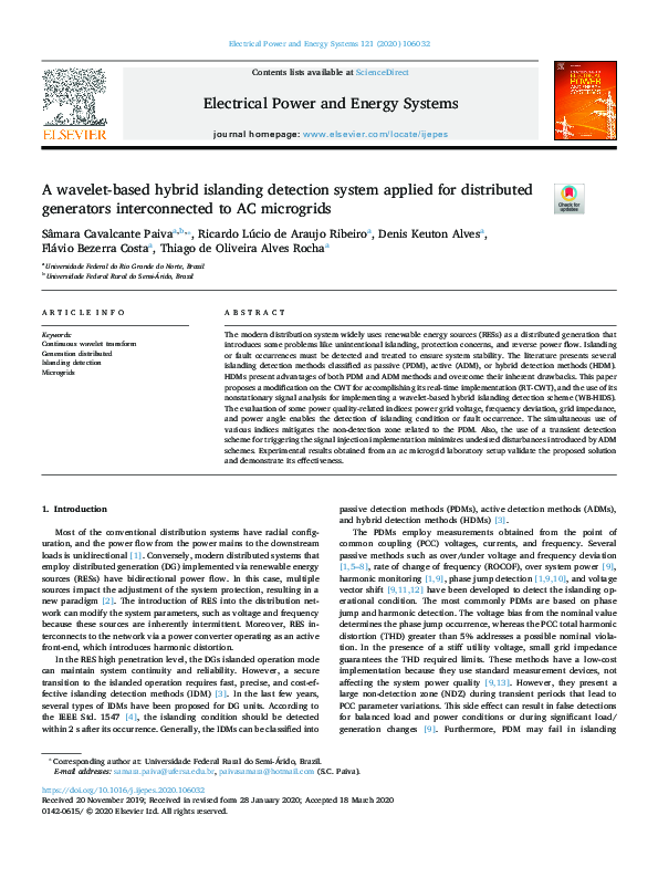 Pdf A Wavelet Based Hybrid Islanding Detection System Applied For Distributed Generators