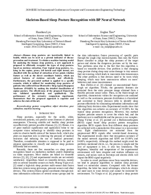 Pdf Skeleton Based Sleep Posture Recognition With Bp Neural Network