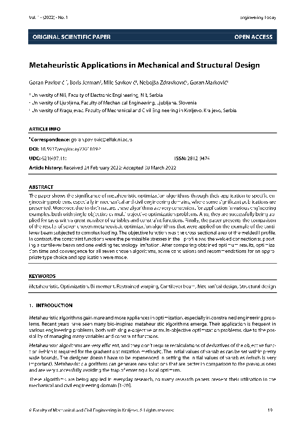 (PDF) METAHEURISTIC APPLICATIONS IN MECHANICAL AND STRUCTURAL DESIGN