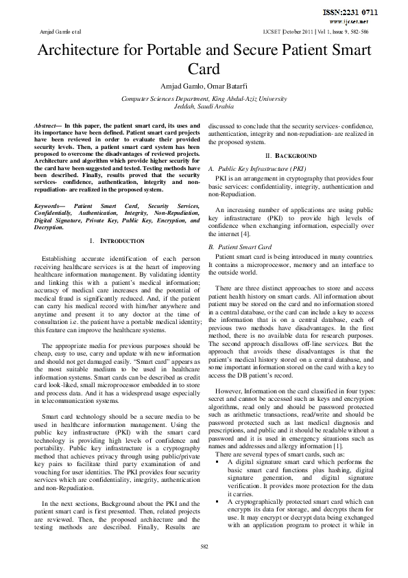 (PDF) Architecture for Portable and Secure Patient Smart Card