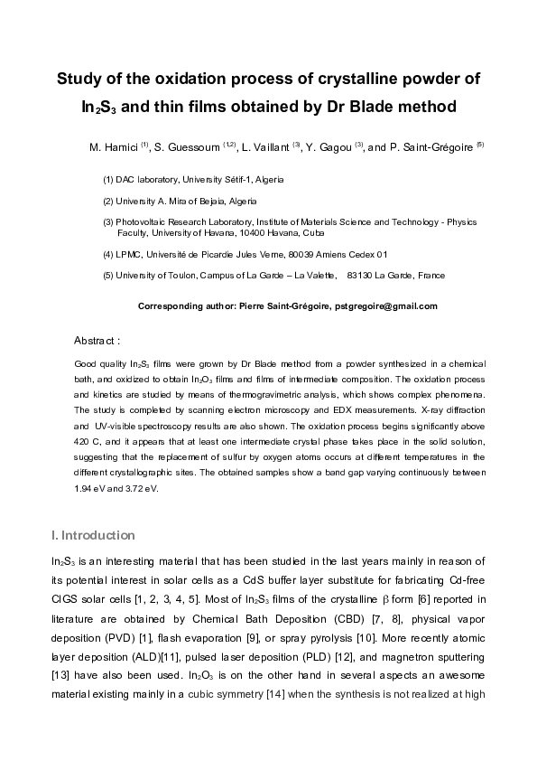 (PDF) Study of the Oxidation Process of Crystalline Powder of In2S3 and ...