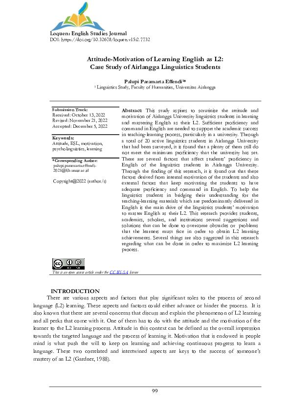 (PDF) Attitude-Motivation of Learning English as L2 - Study Case of ...