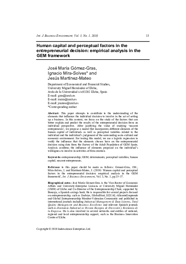 (PDF) Human capital and perceptual factors in the entrepreneurial ...