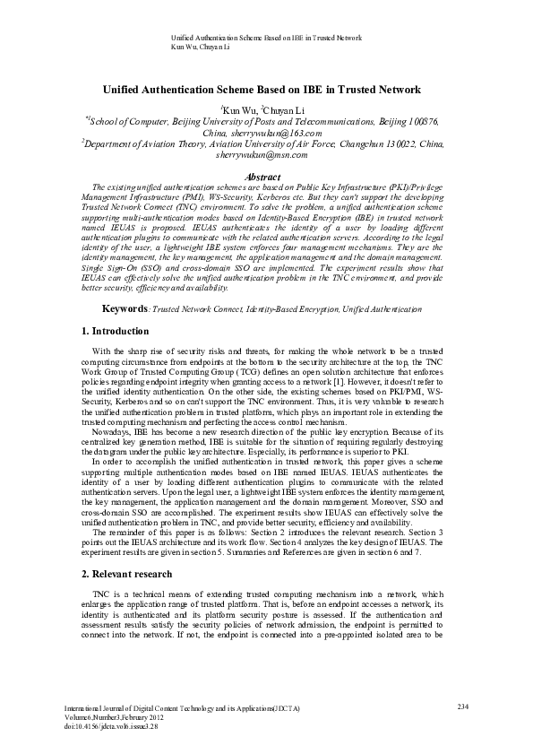 (PDF) Unified Authentication Scheme Based on IBE in Trusted Network