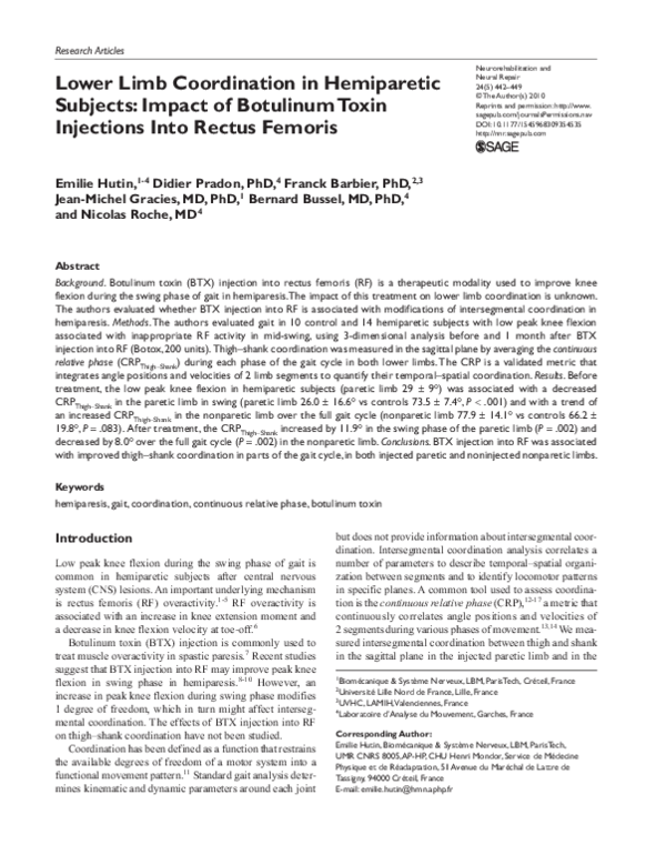 (PDF) Lower Limb Coordination in Hemiparetic Subjects: Impact of ...
