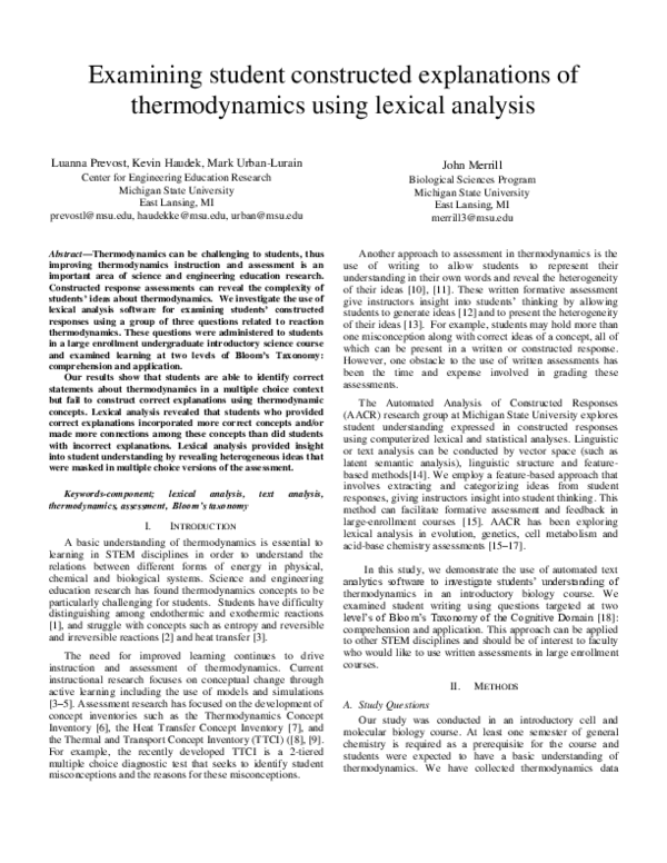 (PDF) Examining student constructed explanations of thermodynamics using lexical analysis