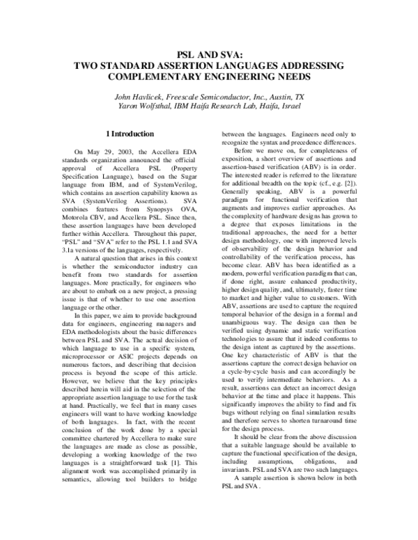 (PDF) PSL and Sva: Two Standard Assertion Languages Addressing Complementary Engineering Needs