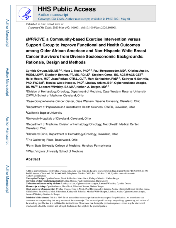 (PDF) IMPROVE, a community-based exercise intervention versus support group to improve ...