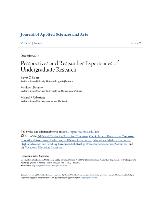 (PDF) Perspectives and Researcher Experiences of Undergraduate Research