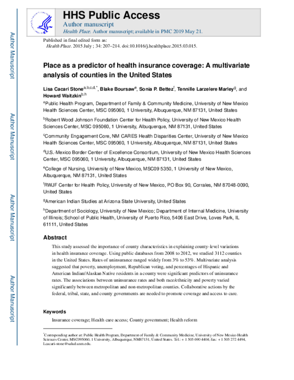 (PDF) Place as a predictor of health insurance coverage: A multivariate ...