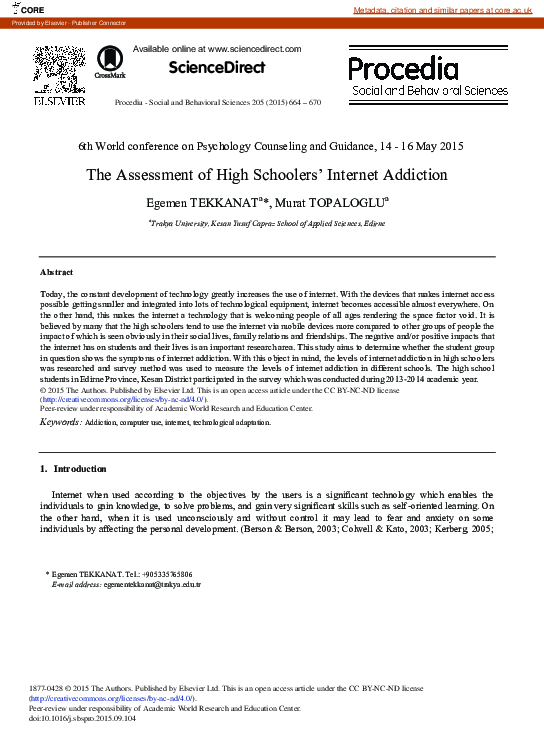 (PDF) The Assessment of High Schoolers’ Internet Addiction