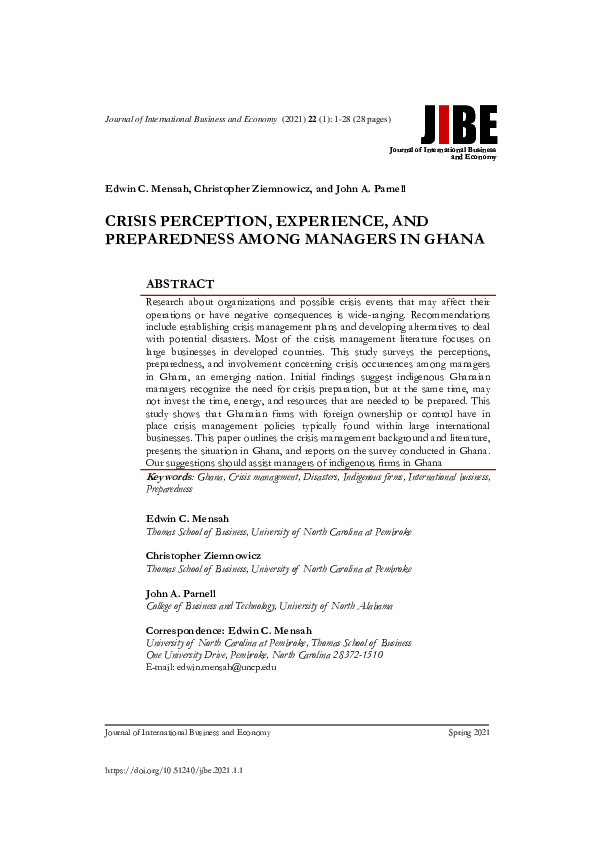 (PDF) Crisis Perception, Experience, and Preparedness among Managers in Ghana