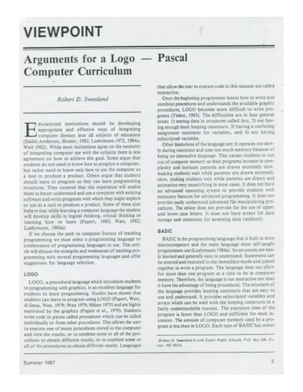 (PDF) Viewpoint Argument For A Logo Pascal Computer Curriculum
