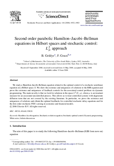 (PDF) Second order parabolic Hamilton–Jacobi–Bellman equations in Hilbert spaces and stochastic ...