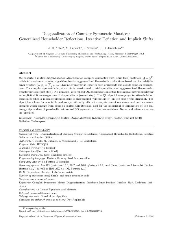 (PDF) Diagonalization of complex symmetric matrices: Generalized Householder reflections ...