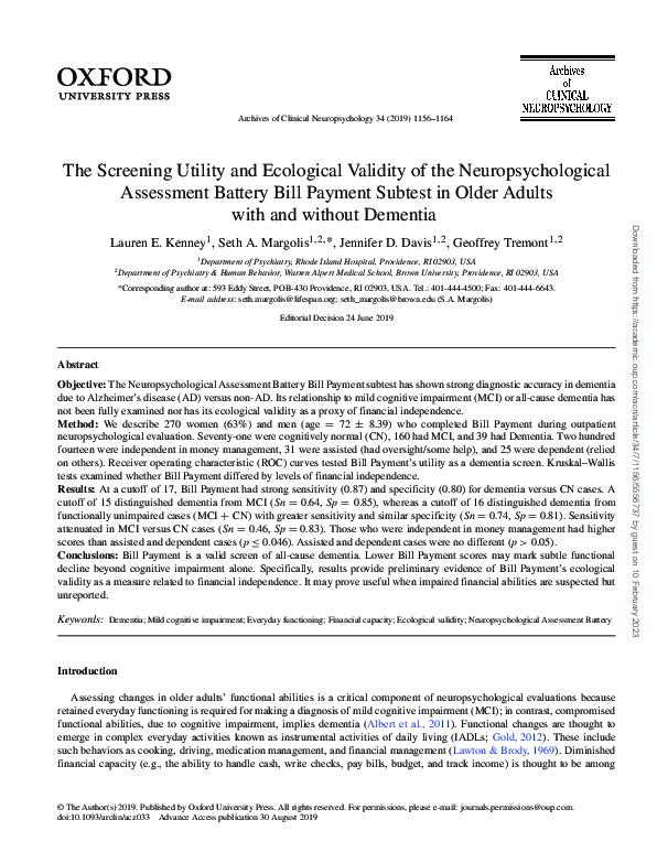 (PDF) The Screening Utility and Ecological Validity of the ...