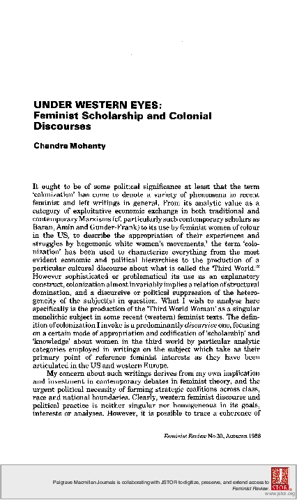 (PDF) Under Western Eyes: Feminist Scholarship and Colonial Discourses