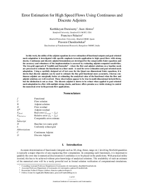 Pdf Error Estimation For High Speed Flows Using Continuous And