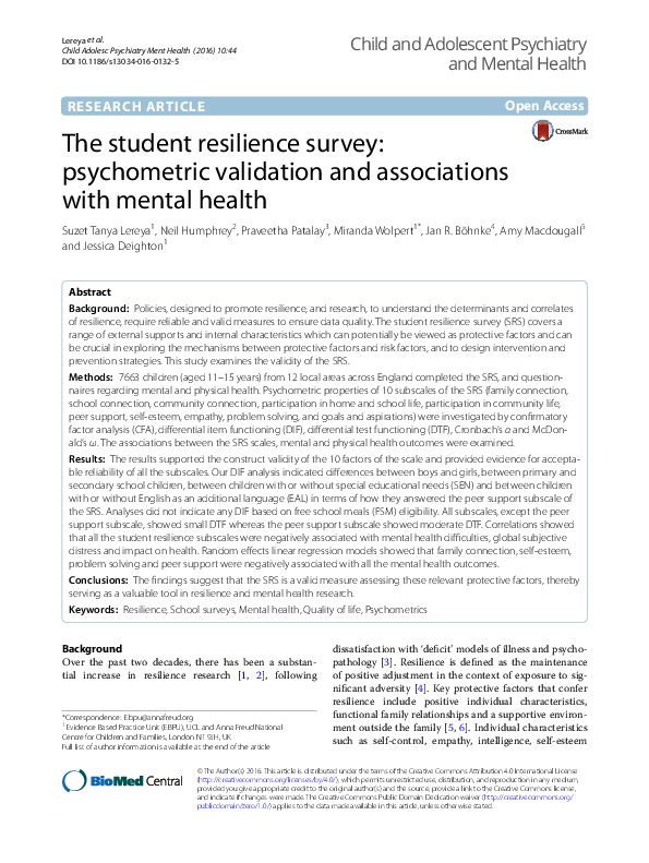 (PDF) The student resilience survey: psychometric validation and ...