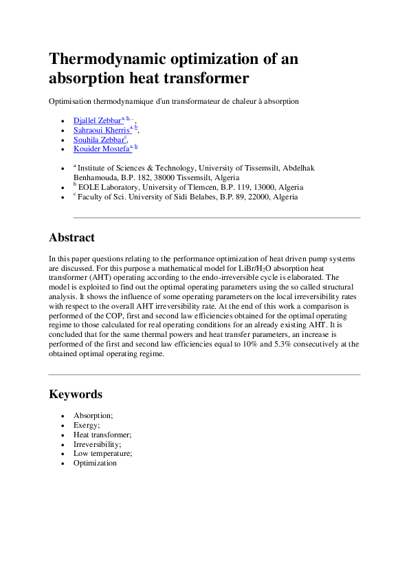 Pdf Thermodynamic Optimization Of An Absorption Heat Transformer