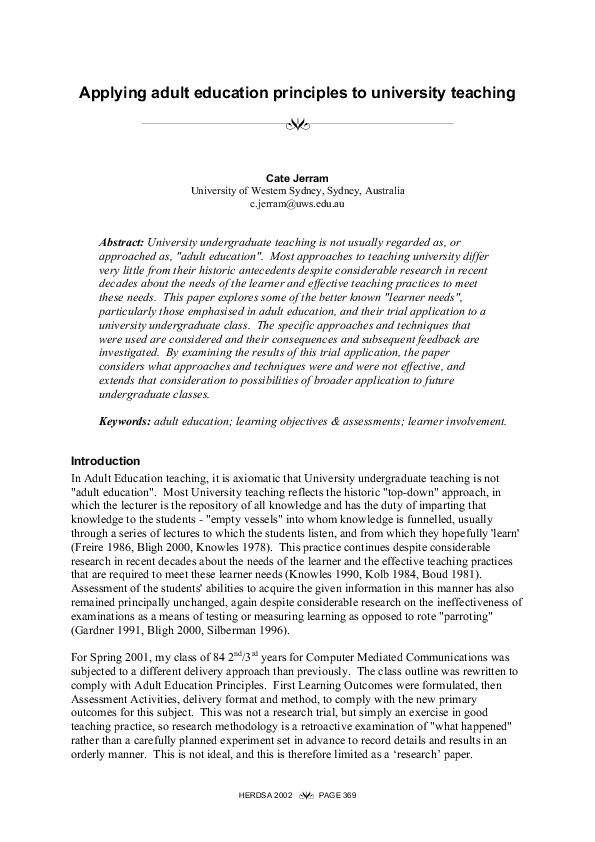 (PDF) Applying Adult Education Principles to University Teaching