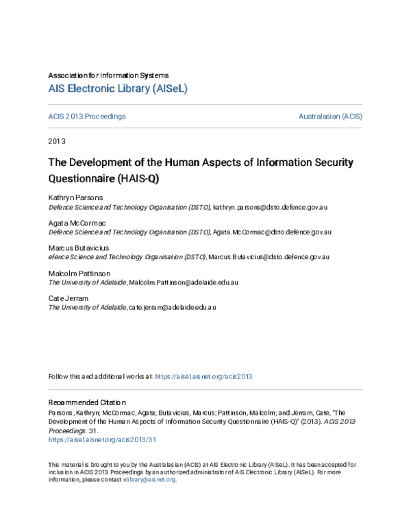 (PDF) The development of the human aspects of information security ...