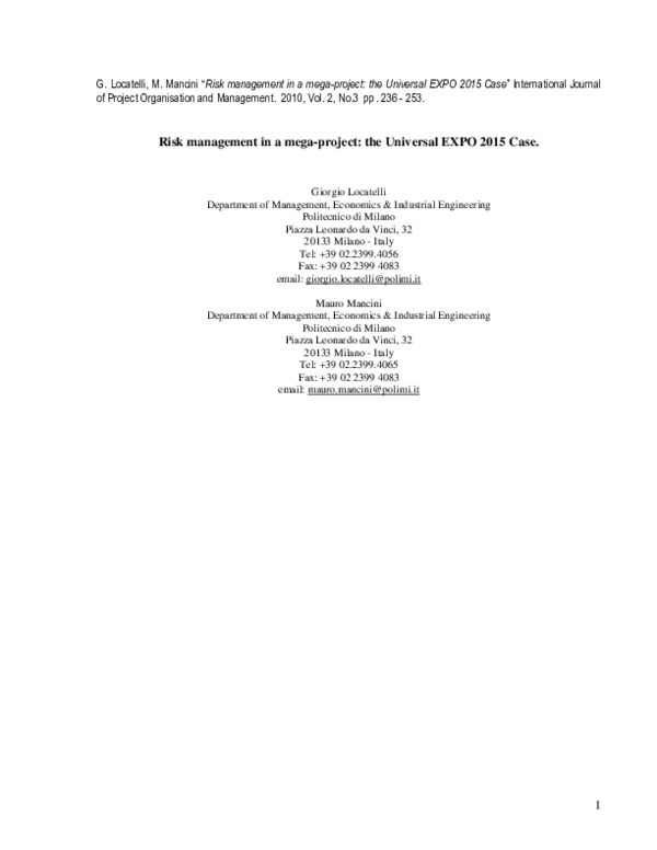 (PDF) Risk management in a mega-project: the Universal EXPO 2015 case