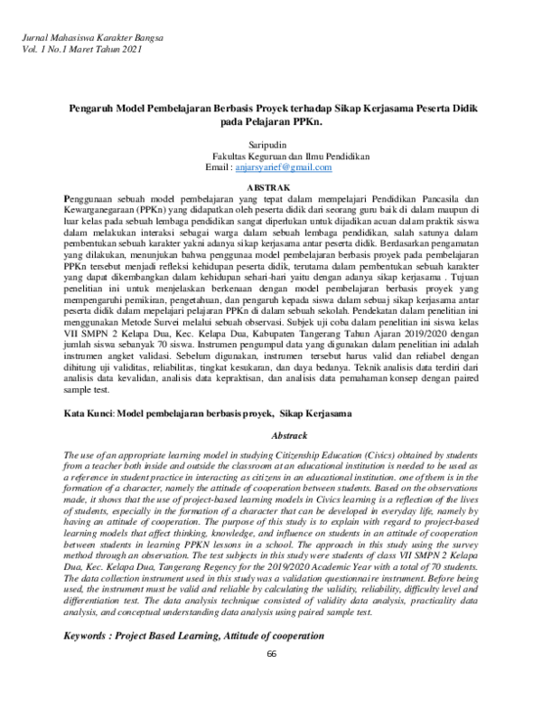 (PDF) Pengaruh Model Pembelajaran Berbasis Proyek Terhadap Sikap Kerjasama Peserta Didik Pada ...