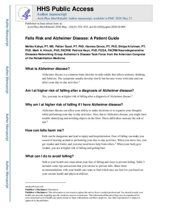 (PDF) Falls Risk and Alzheimer Disease: A Patient Guide